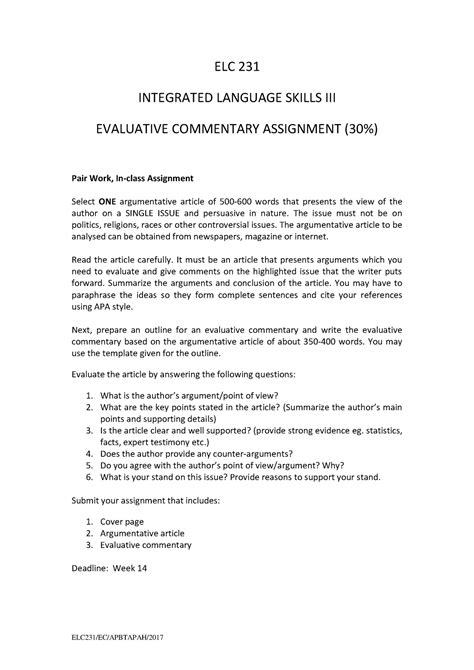 Evaluative Commentary Guidelines Edited Elc231 Ec Apbtapah Elc 231 Integrated Language