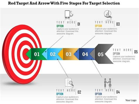 0115 Red Target And Arrow With Five Stages For Target Selection Powerpoint Template Powerpoint