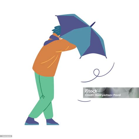 우산을 손에 들고 재킷을 입은 사람은 비오는 바람이 부는 날에 걷고 있습니다 바람 날씨에 우산 아래 남자 벡터 걷기에 대한 스톡 벡터 아트 및 기타 이미지 Istock