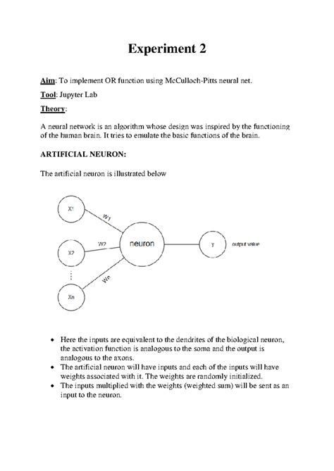 Experiment 2 Or Gate Using Mcculloch Pitts Model Experiment 2 Aim To Implement Or Function