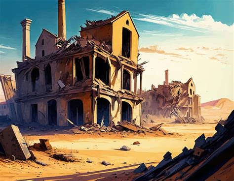 자연 재해 후 파괴 된 건물 들 이 버려진 집 들 이 사막 의 그림 에 그려져 있다 프리미엄 벡터