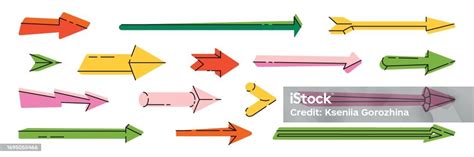 복고풍 Neobrutalism 스타일의 다채로운 직선 긴 수평 화살표 라인 아트의 순진하고 장난기 넘치는 추상적 모양 현대 아이소메트릭 벡터 그림입니다 Brutalism에