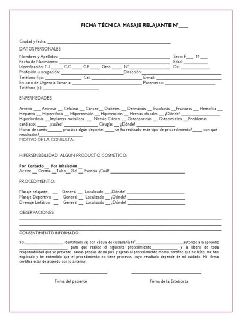 Ficha Técnica De Masaje Relajante Pdf Especialidades Medicas