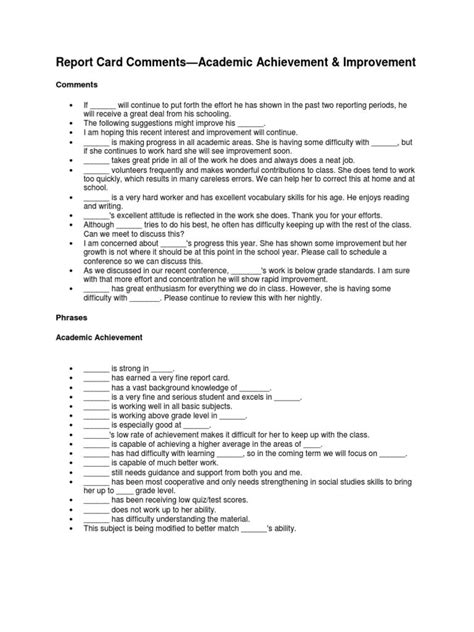 Report Card Comments PDF Reading Process Vocabulary Report Card Comments Remarks For
