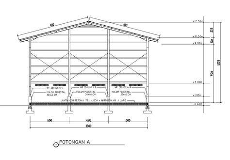 Autocad 2d Drawing Of Cross Section A Of The Factory With Dimensions And Details Cad File Dwg File