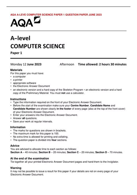 aqa a level computer science 7517 1 paper 1 question paper and mark
