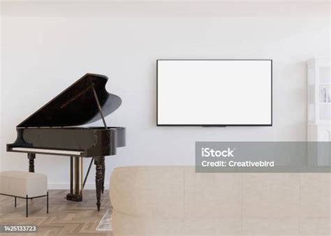 빈 흰색 화면이있는 Led Tv로 집 벽에 매달려 있습니다 Tv 모형 광고 영화 앱 프리젠 테이션을위한 공간을 복사하십시오