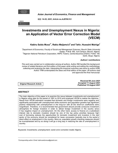 Pdf Investments And Unemployment Nexus In Nigeria An Application Of Vector Error Correction