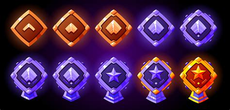 골드 골드 실버 실버 브론즈 레벨 랭크 배지 세트 노란색 파란색 및 빨간색 색상 별과 리본이 있는 현실적인 벡터입니다 게임에 대한 군사 계급 특허 게임에 적합합니다 1위에