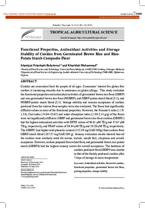 Pdf Functional Properties Antioxidant Activities And Storage