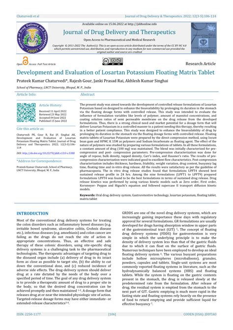 Pdf Development And Evaluation Of Losartan Potassium Floating Matrix Tablet