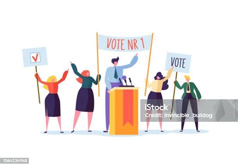 후보 연설에서 정치적인 회의입니다 문자 투표 배너를 들고 투표 선거 캠페인입니다 남자 고 여자 유권자입니다 벡터 일러스트 레이 션 마이크에 대한 스톡 벡터 아트 및 기타