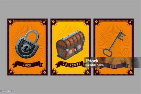 카드 게임 컬렉션입니다 마법의 아이템이 있는 판타지 Ui 키트 장식 프레임 사용자 인터페이스 디자인 요소 만화 벡터 일러스트레이션입니다 자물쇠 가슴 및 열쇠 고대 유물에