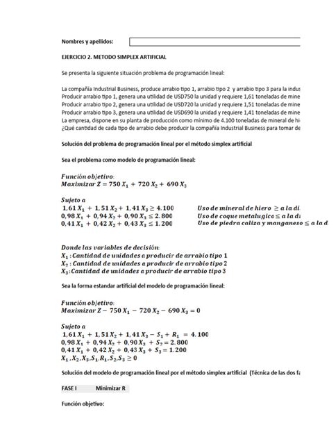 Plantilla Ejercicio 2 Metodo Simplex Artificial Tarea 1 Pdf Ciencia Computacional
