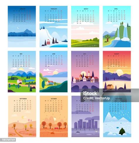 2020 달력 미니멀리즘 풍경 사계절의 자연 배경 겨울 원더 랜드 봄에 신선한 여름에 뜨거운 화창한 날 단풍이 떨어지는 가을 설정 만화 플랫 디자인 4 계절 배경 격리