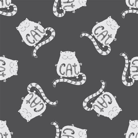Premium Vector Cute Fat Cat Seamless Pattern Funny Hand Drawn On Dark Background Stock Vector
