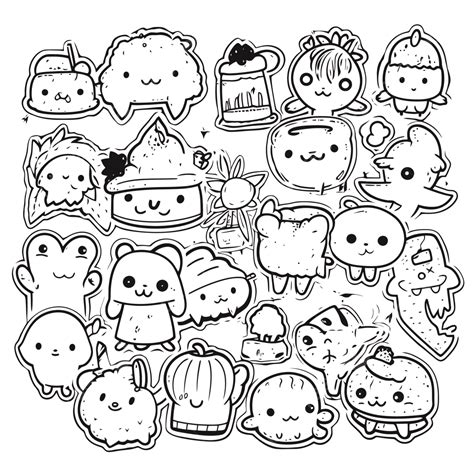 Black And White Framed Picture Of Cute Drawings Of Kawaii Characters Outline Sketch Vector