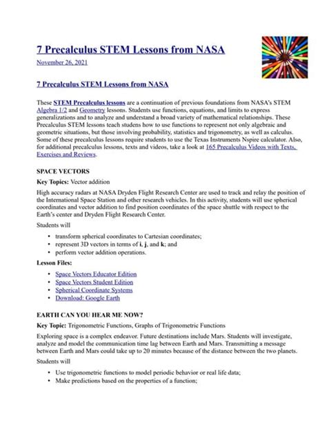 7 Precalculus Stem Lessons From Nasa Pdf