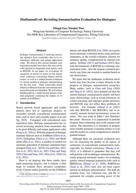 Pdf Dialsummeval Revisiting Summarization Evaluation For Dialogues