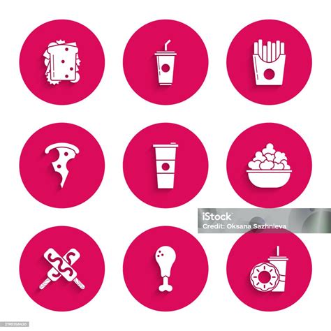 세트 종이 유리와 물 닭 다리 마시는 밀짚 도넛 팝콘 그릇 아이스크림 피자 조각 감자 감자 튀김 판지 상자 및 샌드위치 아이콘 벡터 감자 요리에 대한 스톡 벡터 아트 및
