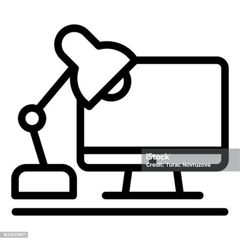 작업 공간 라인 아이콘입니다 Pc와 테이블 램프 벡터 그림은 흰색으로 분리되어 있다 및 앱을 위해 설계된 작업 공간 개요 스타일 가구에 대한 스톡 벡터 아트 및 기타 이미지