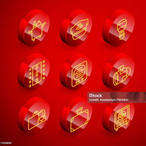 음식 파일럿 모자 열기구 공항 활주로 태도 표시기 제트 엔진 터빈 여행 가방 및 아이콘에 대한 라인 트롤리를 설정합니다 벡터 3차원 형태에 대한 스톡 벡터 아트 및 기타