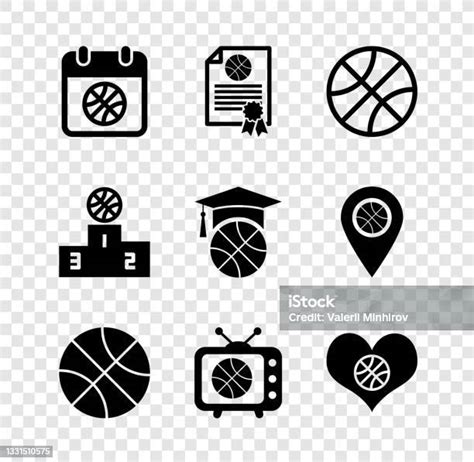 스포츠 캘린더 인증서 농구 상 경기 Tv 하트 와 스포츠 우승자 연단과 훈련 아이콘에 농구를 설정합니다 벡터 검은색에 대한 스톡 벡터 아트 및 기타 이미지 Istock