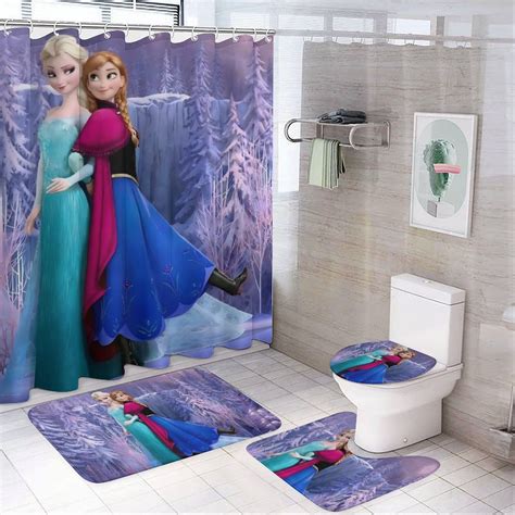 4 Pcs Frozen Bathroom Set With Shower Curtain With 12 Hooks Non Slip