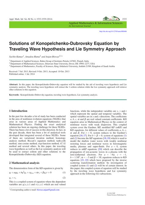 Pdf Solutions Of Konopelchenko Dubrovsky Equation By Traveling Wave Hypothesis And Lie