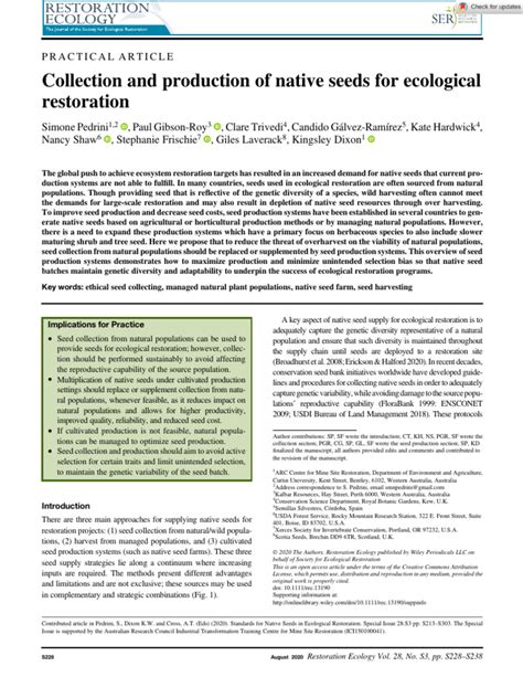 Restoration Ecology 2020 Pedrini Pdf Restoration Ecology Seed