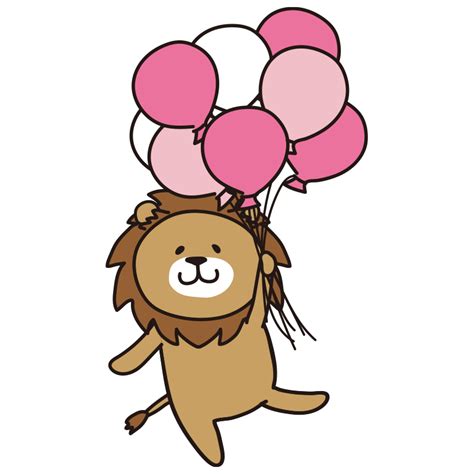 たくさんのピンク色の風船を持っているライオンの無料 フリー イラスト かわいい手描きの無料素材「てがきっず」保育園・小学校・介護施設に