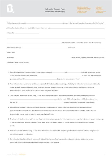 Indemnity Form Template