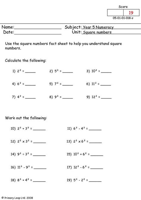 Numeracy Square Numbers Worksheet PrimaryLeap Co Uk