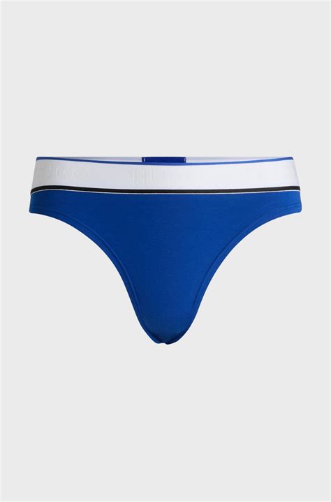 Hugo Stretch Cotton Thong Briefs With Logo Waistband Blue