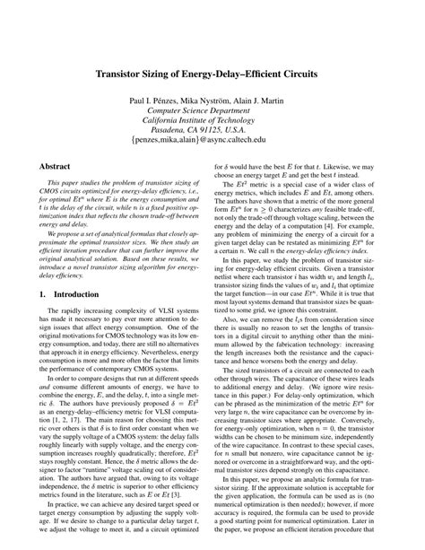 Pdf Transistor Sizing Of Energy Delay Efficient Circuits