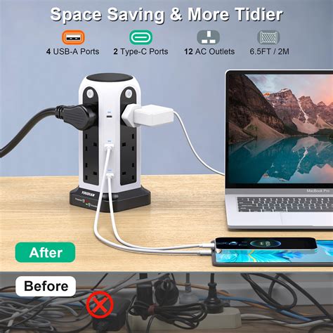 Tower Extension Lead With Usb Slots 12 Way Multi Plug Extension Tower Max 3250w Capacity Surge