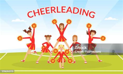 치어 리더 배너 템플릿 폼 폼과 함께 함께 춤 여자의 팀 축구 경기장에서 공연 빨간 유니폼을 입은 팬 소녀 야외 벡터 일러스트
