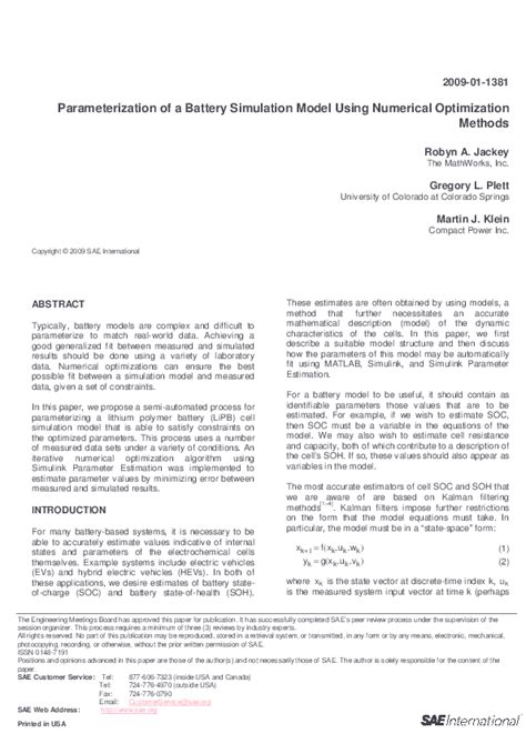 Pdf Parameterization Of A Battery Simulation Model Using Numerical Optimization Methods