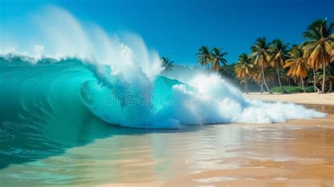 Powerful Ocean Wave Crashing On Tropical Beach Ai Generation Stock