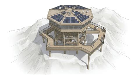 Hexagonal Wooden Observation Deck With Multiple Levels Supported By