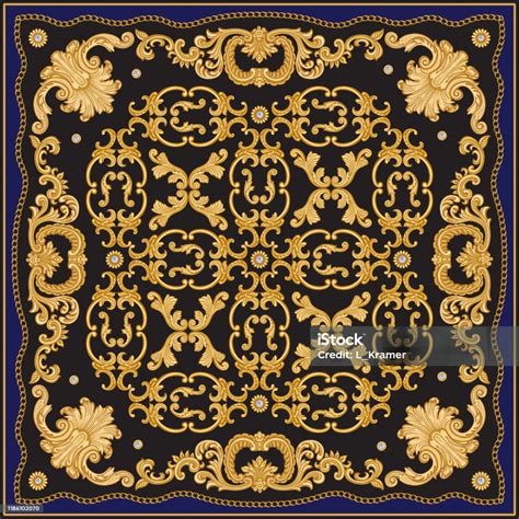 진한 파란색과 검은색 배경에 바로크 프린트 세련 된 패턴 골드 체인 두루마리 진주 스카프 반다나 목걸이 손수건 실크 섬유 패치 카펫 팔레트에 패턴 브러쉬 3개 금 금속에