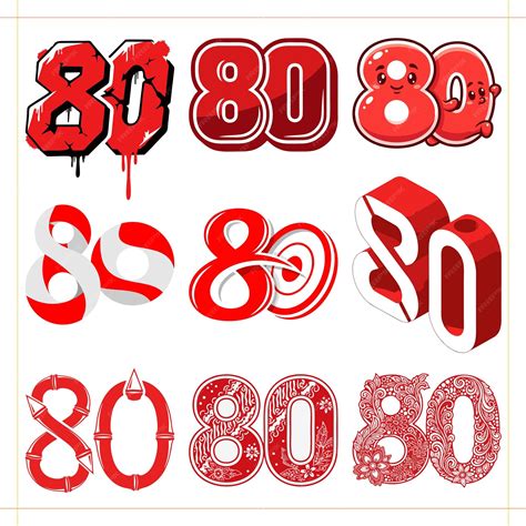 Diverse Stylized Illustrations Of The Number Eighty Showcasing Various