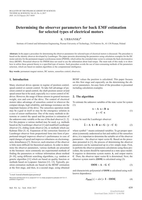 Pdf Determining The Observer Parameters For Back Emf Estimation For