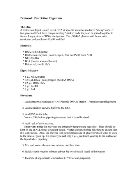Restriction Digestion Protocol Ecori And Psti