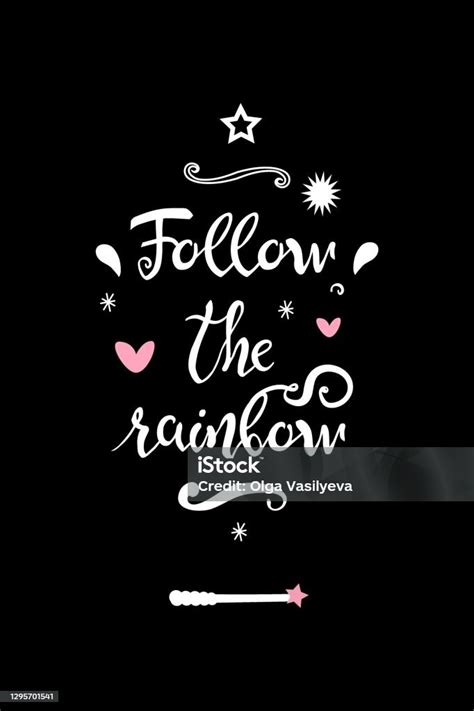 아름다운 손으로 그린 흰색 글자 번성 별 마법 지팡이와 별 무지개를 따라 벡터 일러스트레이션 검은색에 대한 스톡 벡터 아트 및