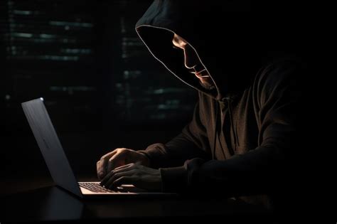 Premium Ai Image Mysterious Hacker In A Dark Room Wearing A Black Hoodie