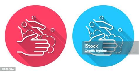 비누로 손 씻기 빨간색 또는 파란색 배경에 긴 그림자가 있는 둥근 아이콘 손 씻기에 대한 스톡 벡터 아트 및 기타 이미지 손 씻기 손 살균 Istock