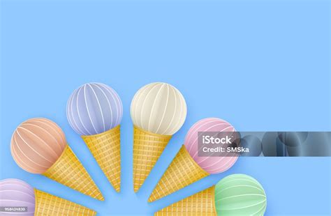 여름 아이스크림 콘 배경 3d 펀치 파스텔 스타일 종이 컷된 스타일에 추상적인 아이스크림 패턴입니다 최소한의 여름 음식 개념입니다 플랫이 하다 벡터 일러스트 레이 션 0명에