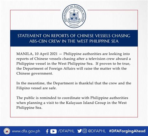 ‼️read‼️ Dfastatement On Reports Of Chinese Vessels Chasing Abs Cbn Crew In The West Philippine