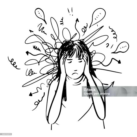 불안을 가진 소녀의 손으로 그린 터치 헤드 생각으로 둘러싸인 정신 장애와 의식의 혼돈 해답을 찾고 혼란 개념 일러스트레이션에 대한 스톡 벡터 아트 및 기타 이미지 Istock